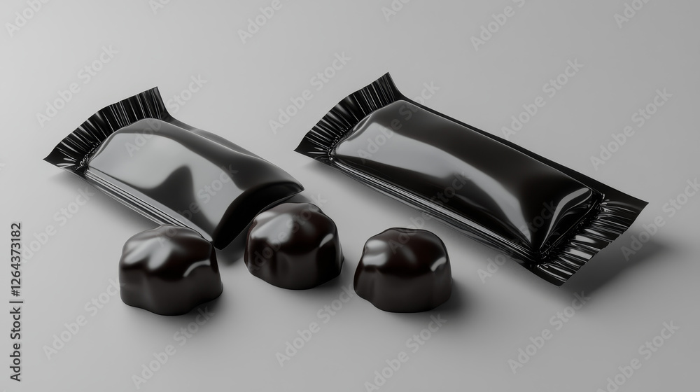 Illustration Stock Blank black wrappers of candies and chocolates, 3d ...