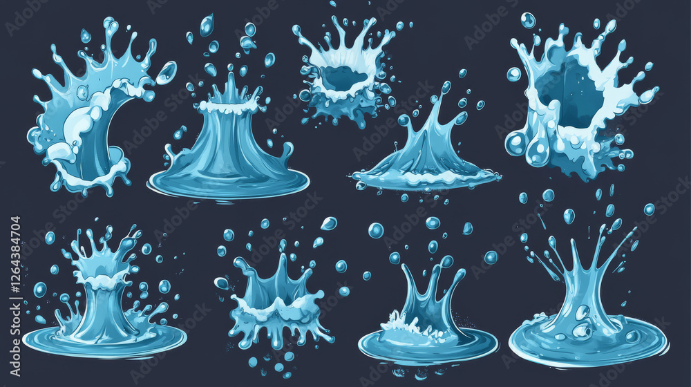 Water splash, vfx game cartoon video effects set. 2d liquid drops ...