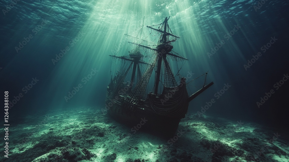 Wreck pirate ship, sunken filibuster vessel, wooden boat with jolly ...