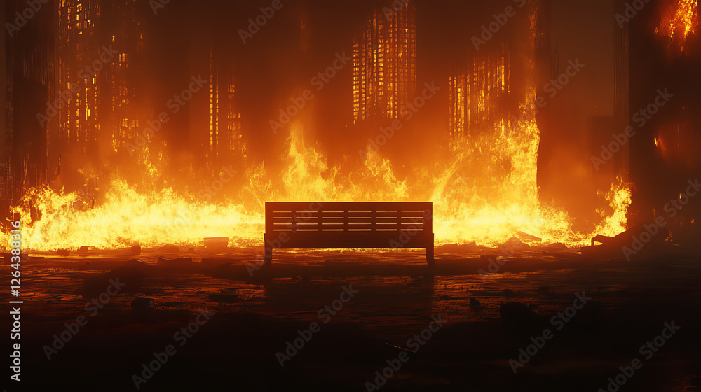 Parallax background city park in fire, war destroy, abandoned burning ...