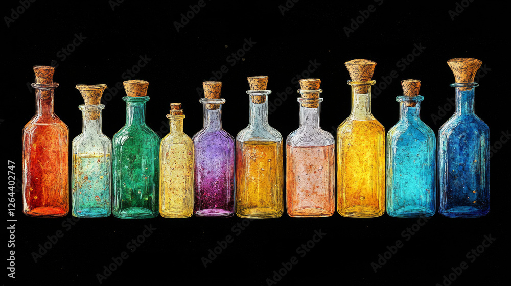 Set of magic elixir bottles isolated on black background. Vector ...