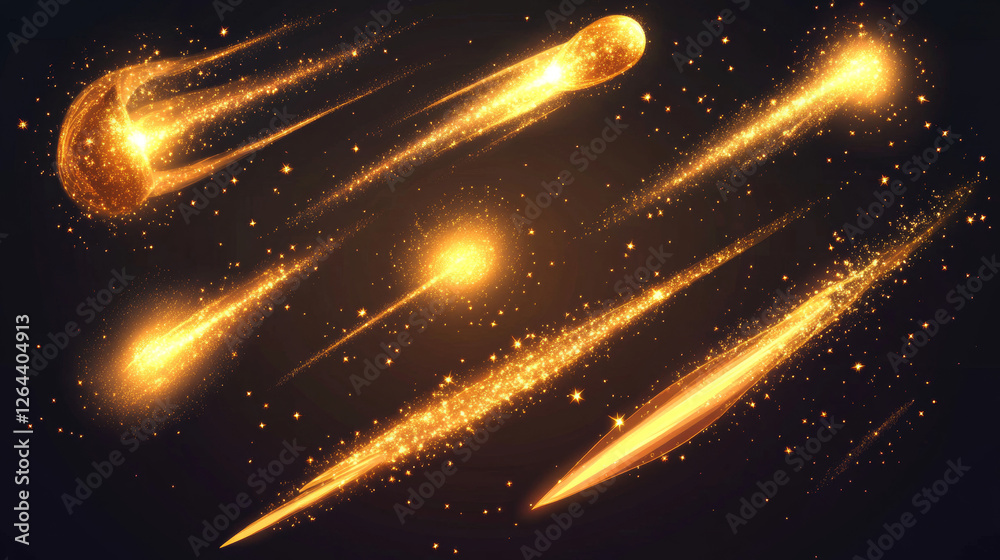 Gold star with curve trail line on dark transparent background ...