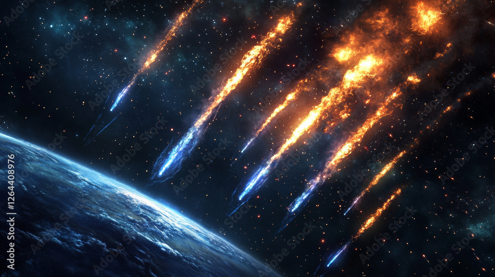 Falling comets, asteroids or meteors with blue flame trail in cosmos ...