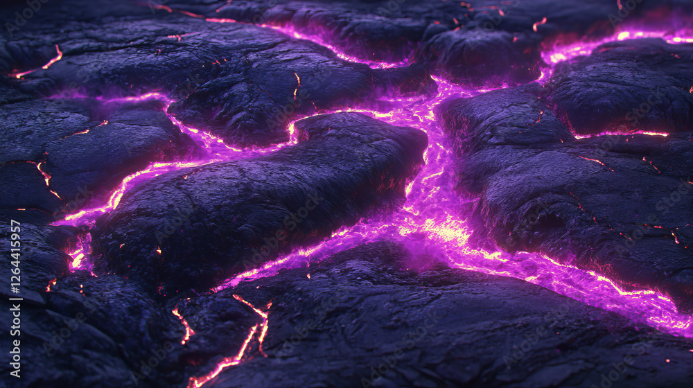 Lava in ground cracks, volcano magma purple glow texture in cracking ...