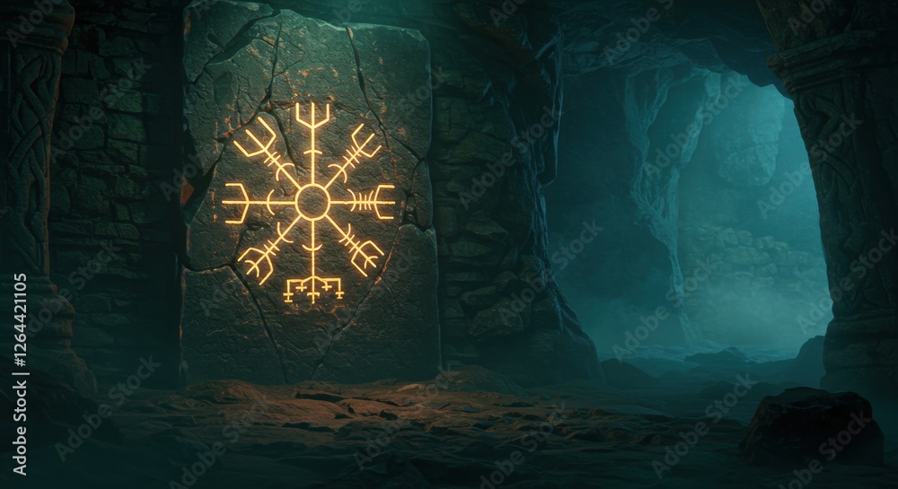 Ancient stone tablet with glowing helm of awe symbols in a mysterious ...