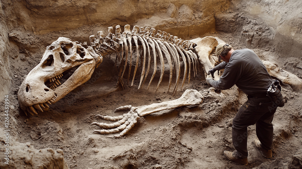 Fossil dinosaurs excavation, paleontology and archeology works. Vector ...