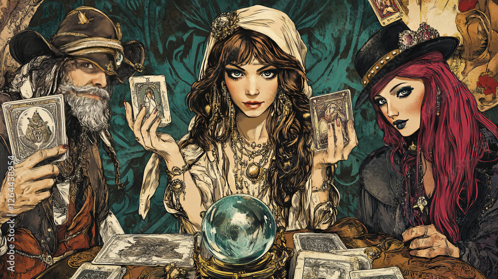 Tarot banners with gypsy fortune teller, ritual cards and magic ball ...