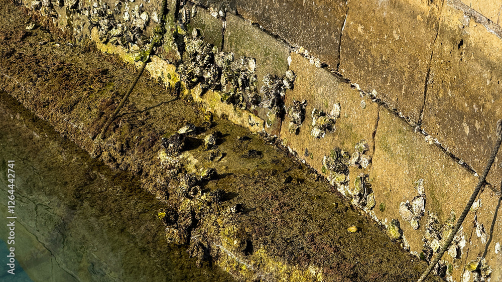Old harbor wall with marine barnacles, coastal erosion and marine life, ocean conservation theme ...