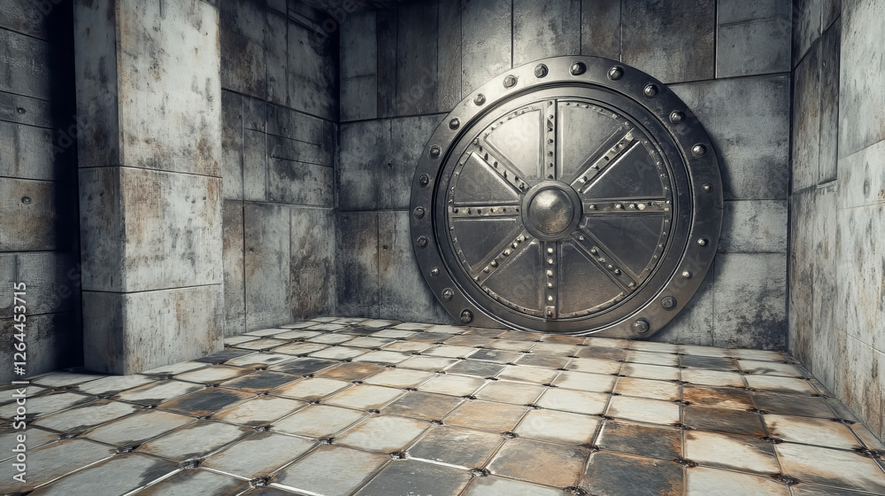 Bank safe and vault door, metal steel round gate mechanism in empty ...