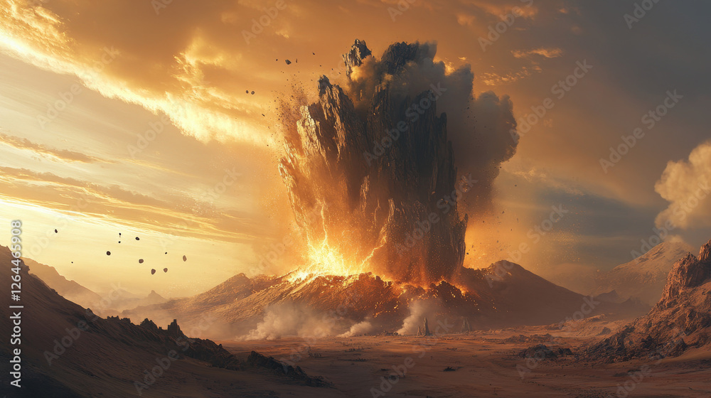 Dinosaurs extinct with meteorite falling on Earth. Asteroid explosion ...