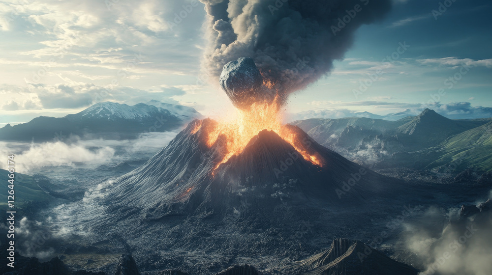 Dinosaurs extinct with meteorite falling on Earth. Asteroid explosion ...