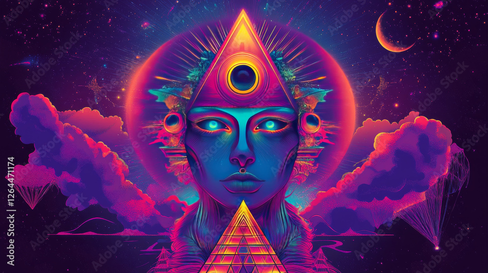 Psychedelic rave trip party banner templates set, martian head and ...