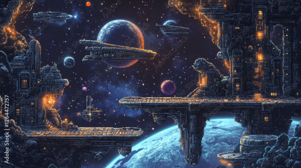 Space game level background with platforms. Vector cartoon illustration ...