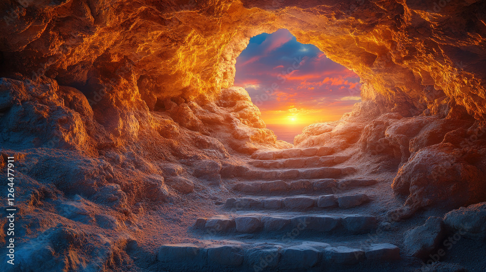 Cave with an ancient stone staircase leading to a hidden chamber ...