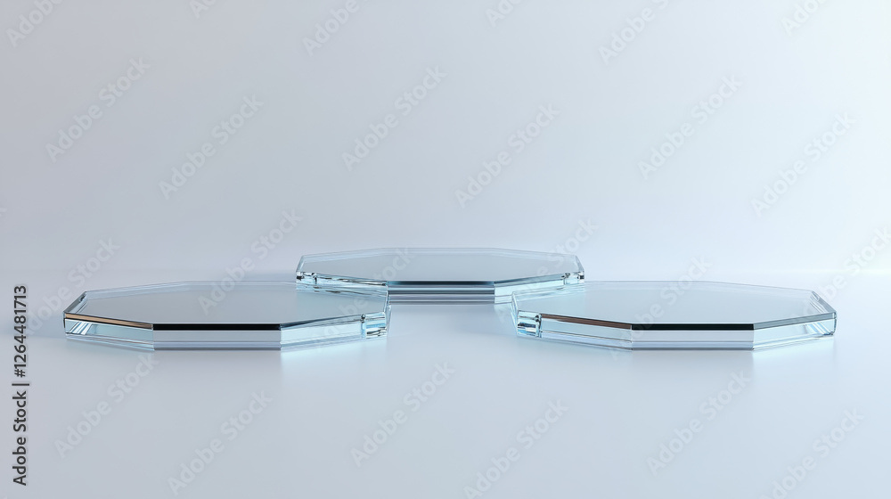 3D round and hexagon glass platforms set isolated on transparent ...