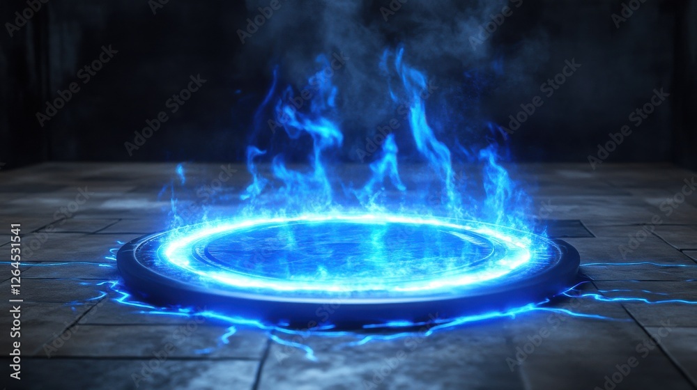 Energy spinning circle with blue glowing rays. Fantasy portal, magic ...
