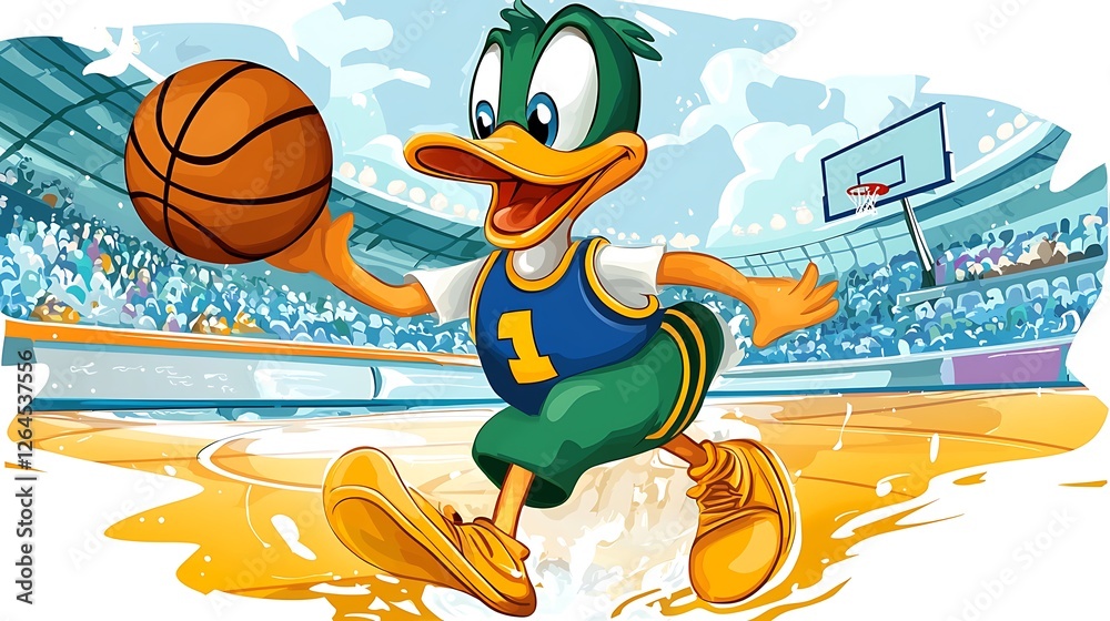 Cartoon Duck Playing Basketball with Vibrant Colors in an Energetic ...