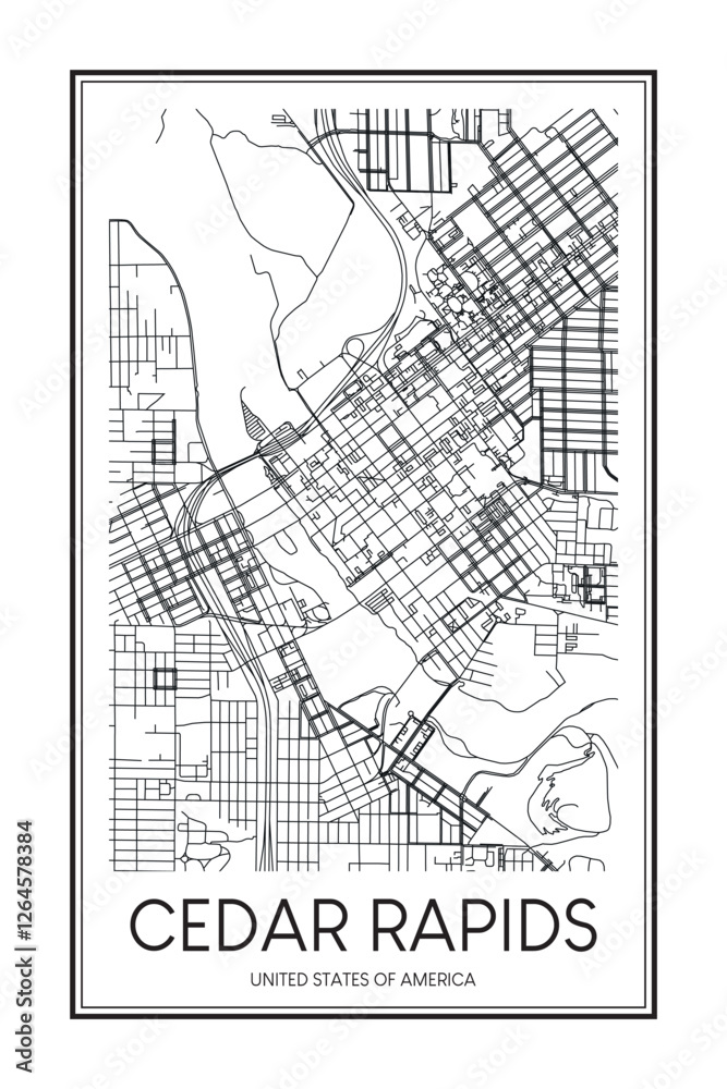Printable downtown road map poster of the USA town of CEDAR RAPIDS on ...