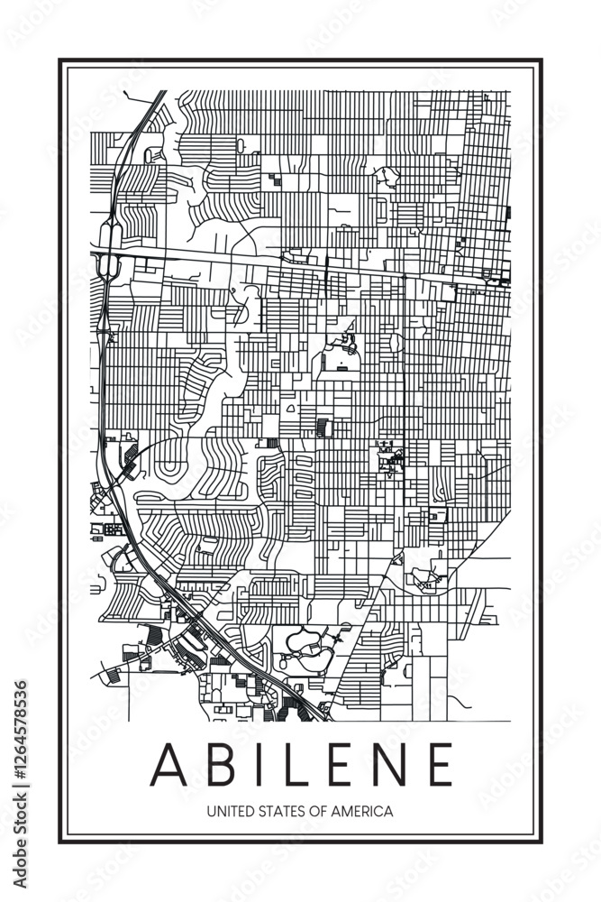 Printable downtown road map poster of the USA town of ABILENE on solid white background with ...