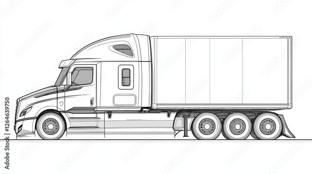 105.A detailed line drawing of a modern truck with a semi-trailer ...