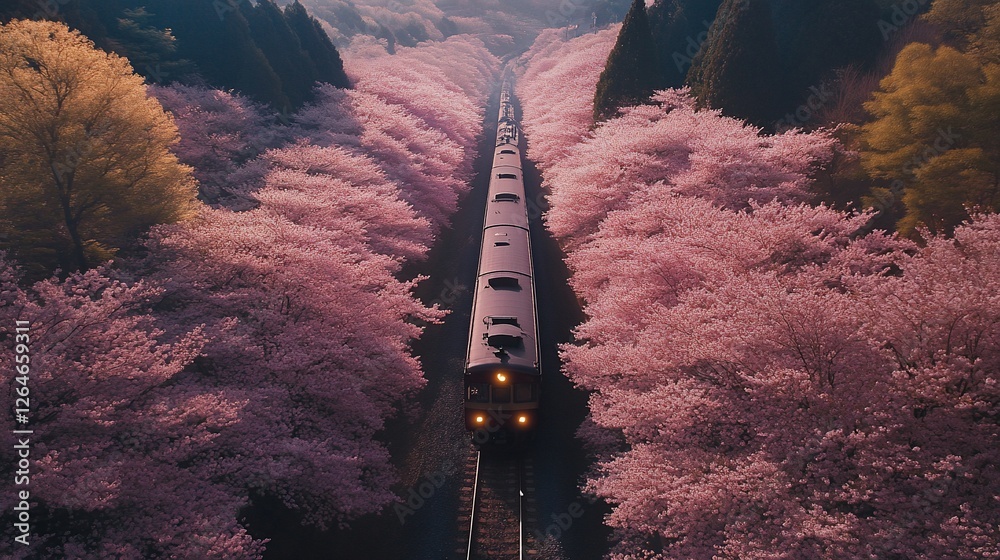 Train travels through a stunning tunnel of cherry blossom trees in full ...