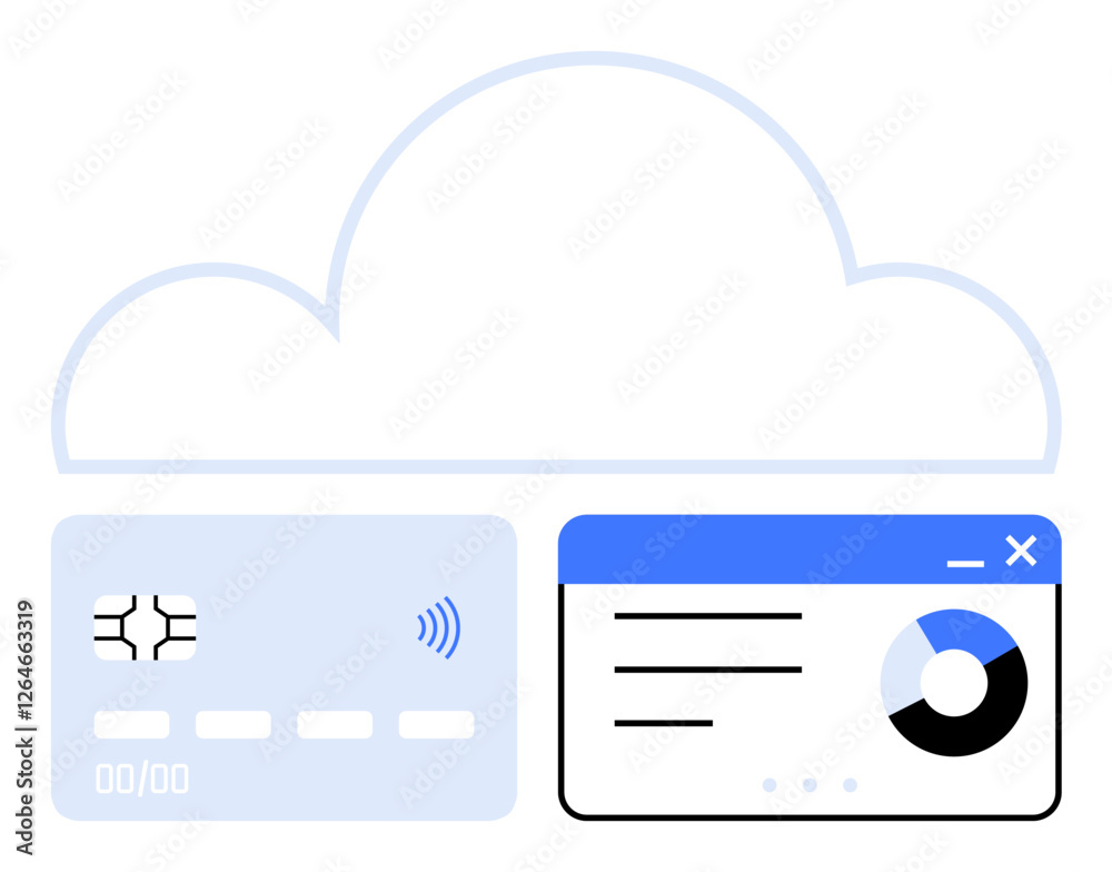 Cloud outline above contactless payment card and analytics dashboard ...