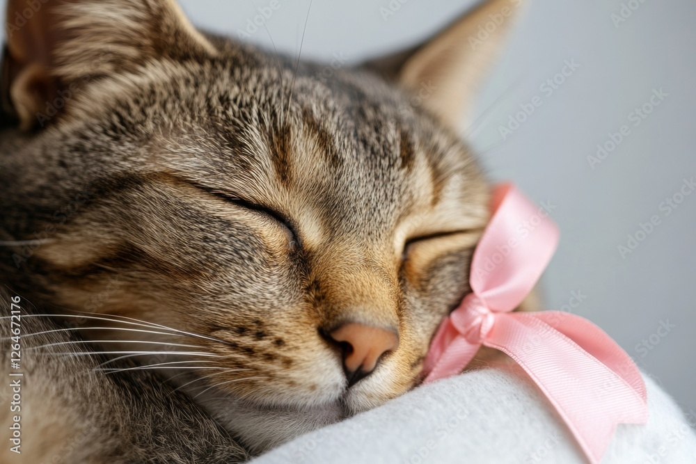 Calming Pet Therapy Soft Tabby Cat with Pink Satin Ribbon for Pediatric ...