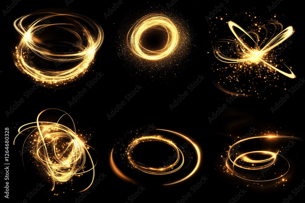 series of gold colored circles and spirals are shown in black and white ...