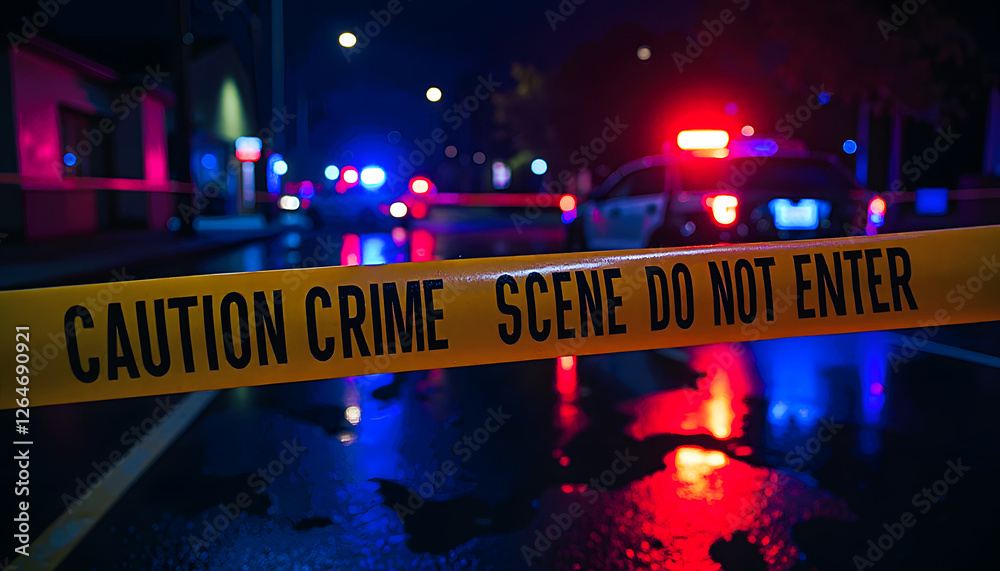 Crime scene at night with police lights flashing behind yellow barrier ...