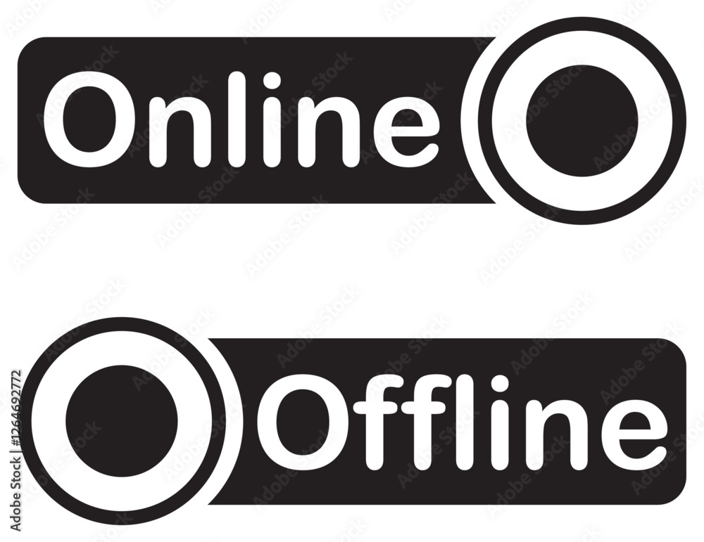 Online offline switch indicator. Online and offline status indicator icons black toggle buttons ...