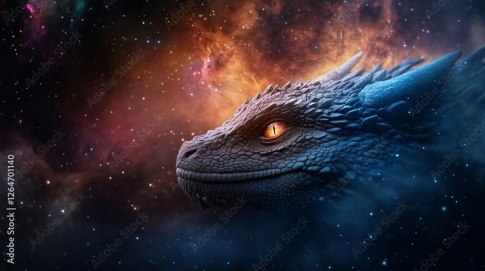 Majestic dragon gazes out from cosmic observatory filled with stars and ...