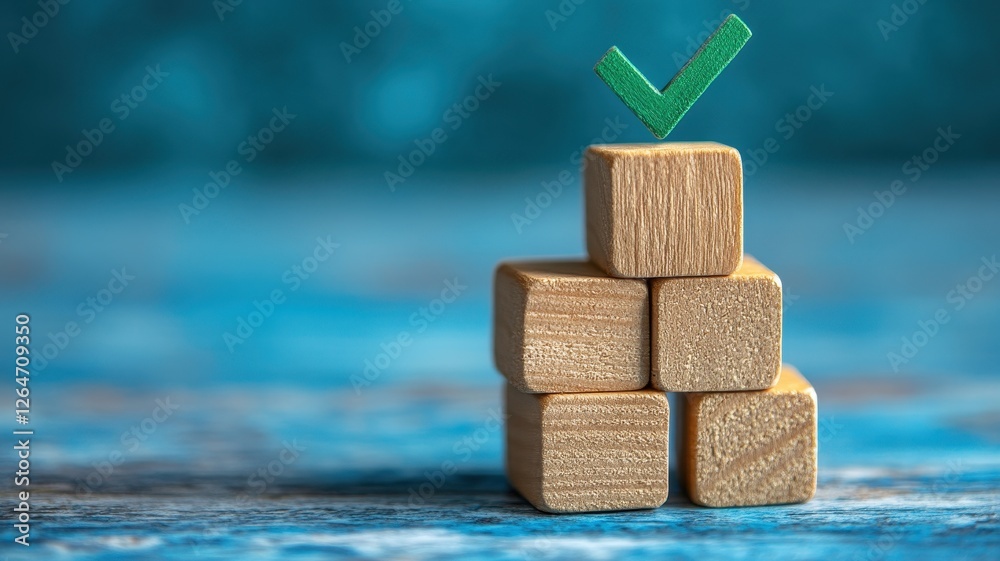 Checklist concept wooden blocks forming a stack with a standard check ...