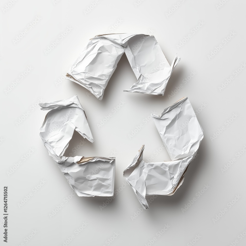 Crumpled paper forming a recycling symbol on a white background Stock ...