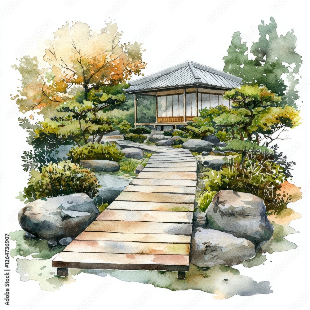 Watercolor painting of a meditative zen garden with a simple wooden ...