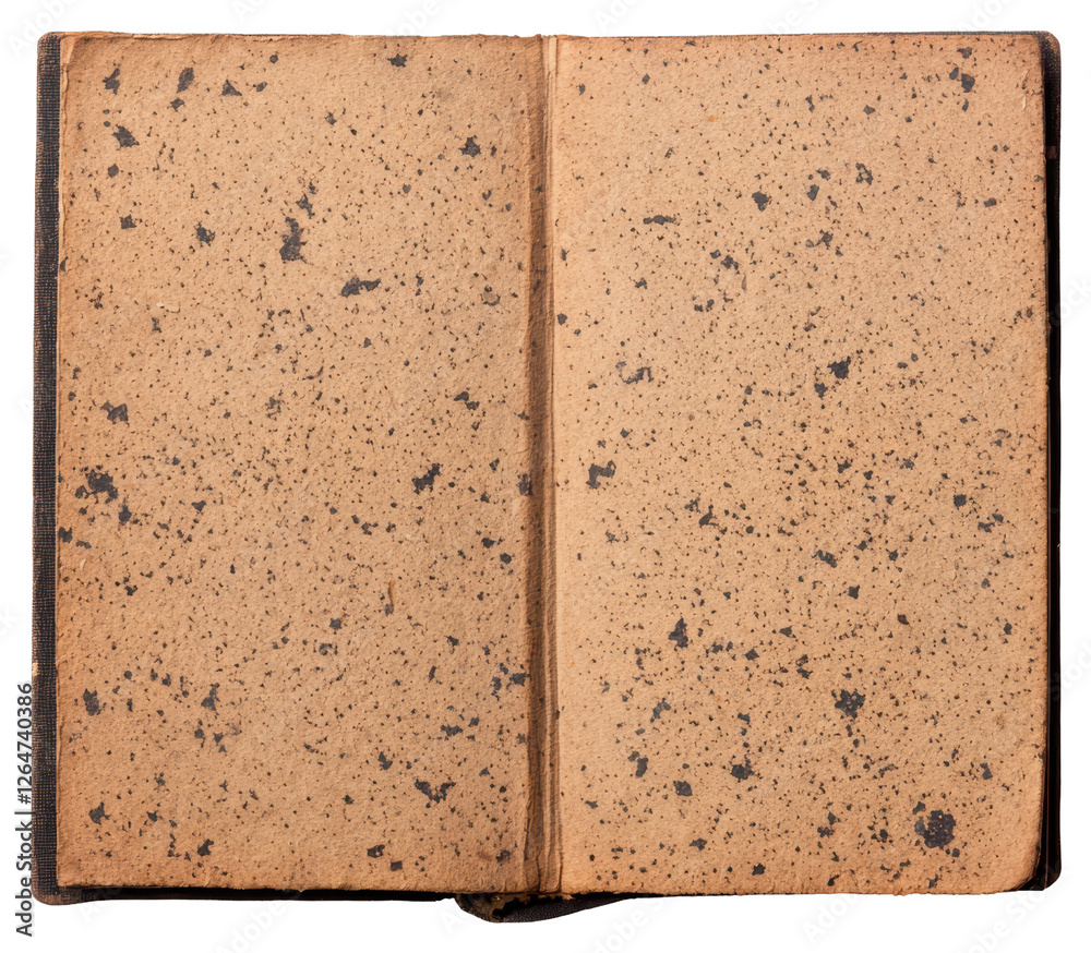 Open Vintage Book Showing Aged Stained Paper Texture on a Transparent ...