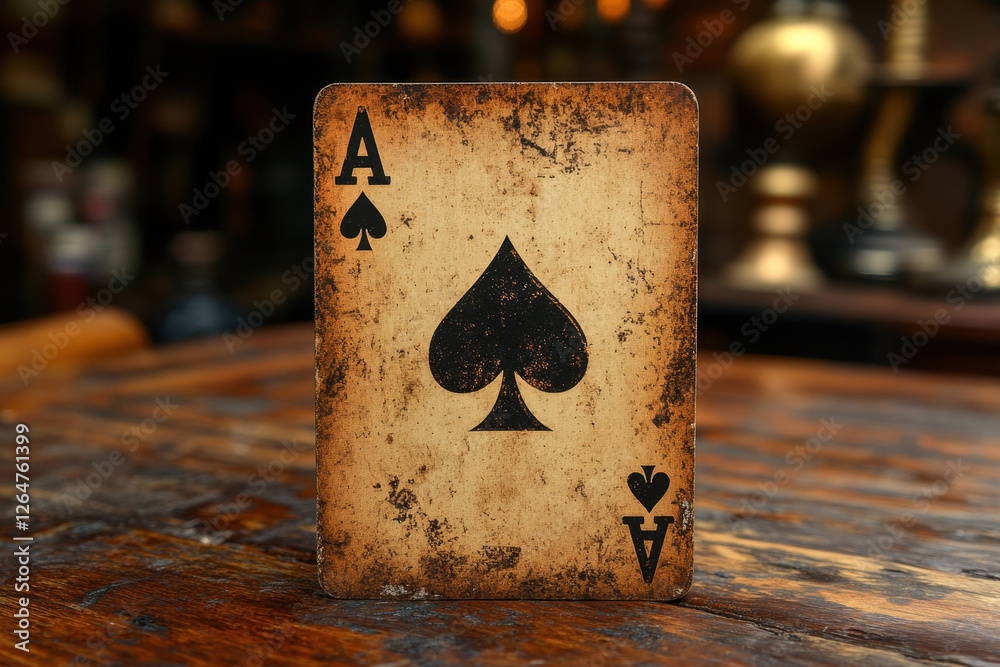 Playing card with an aged appearance showing the Ace of Spades on a ...