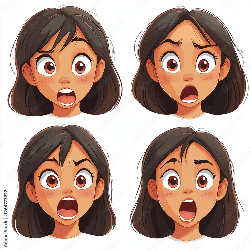 Young girl displaying multiple facial expressions, revealing increasing ...