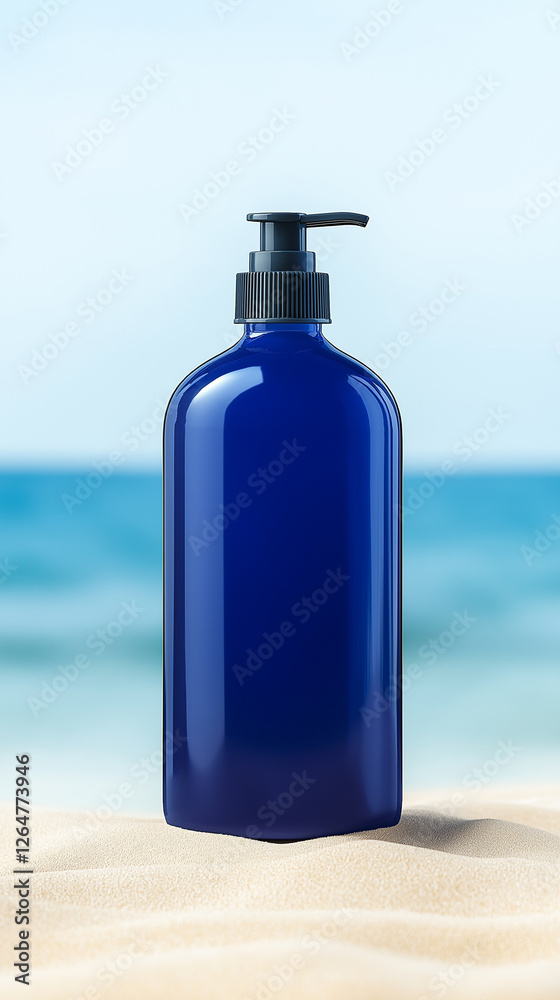 Sunscreen bottle resting on sandy shore, azure waters stretching behind ...