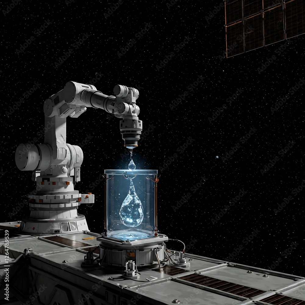 Industrial robotic arm pouring liquid into a laboratory beaker in a ...
