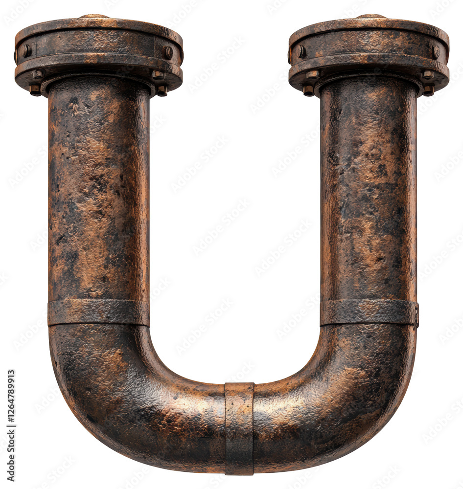 U Shaped Rusty Metallic Pipe Fitting with Flanges on a Transparent ...