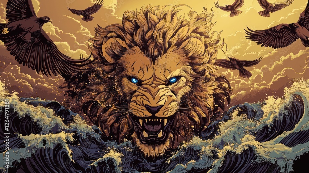 Roaring lion emerges from ocean, eagles fly in sunset sky. For wall art ...