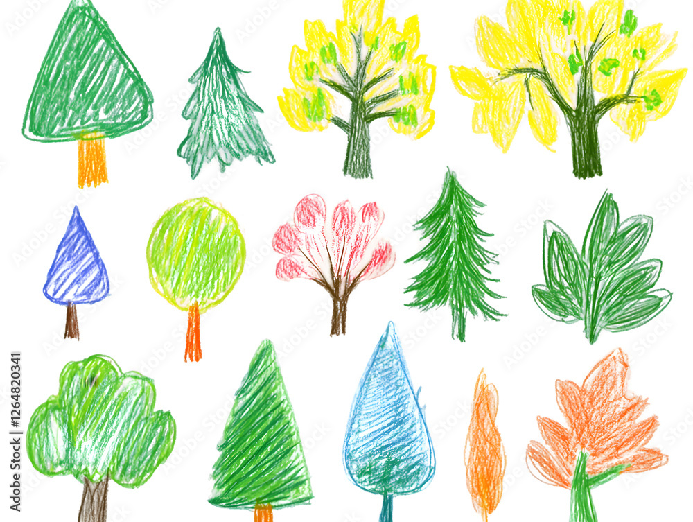 Collection of colorful crayon drawings of various trees and leaves on ...