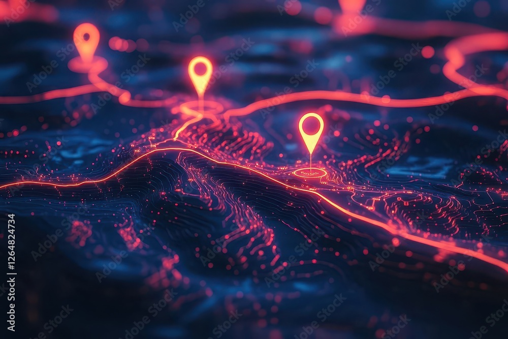 3d navigation map with glowing route line connecting animated start and ...