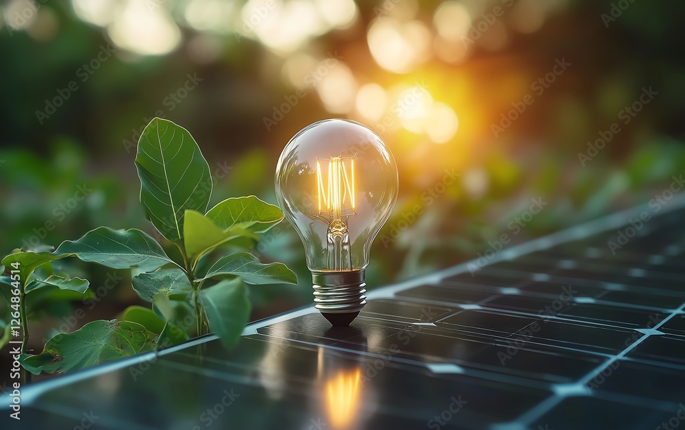 Solar panels and LED light bulbs, ecofriendly design, concept of green ...