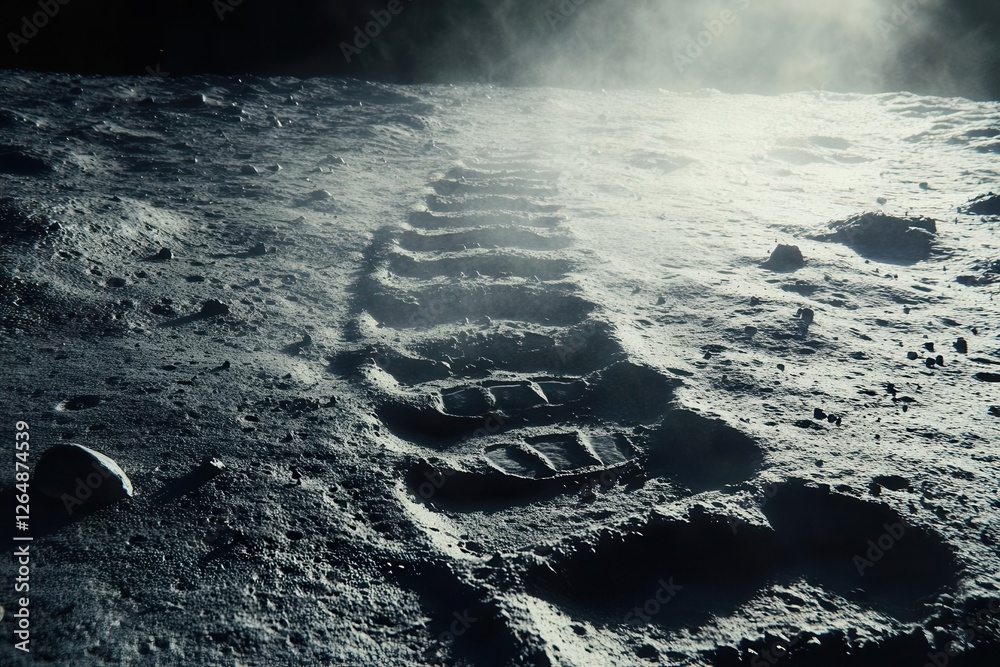 mysterious alien footprints in lunar dust, dramatic shadows from earth ...