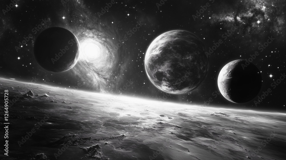 Three planets in space with a sun in the middle. The planets are in ...