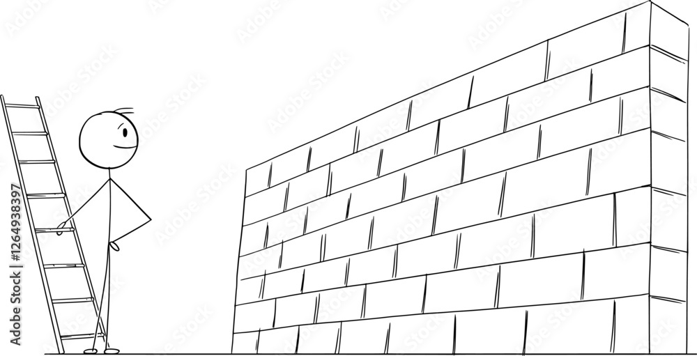 Person holding ladder and looking at wall obstacle to overcome, vector ...