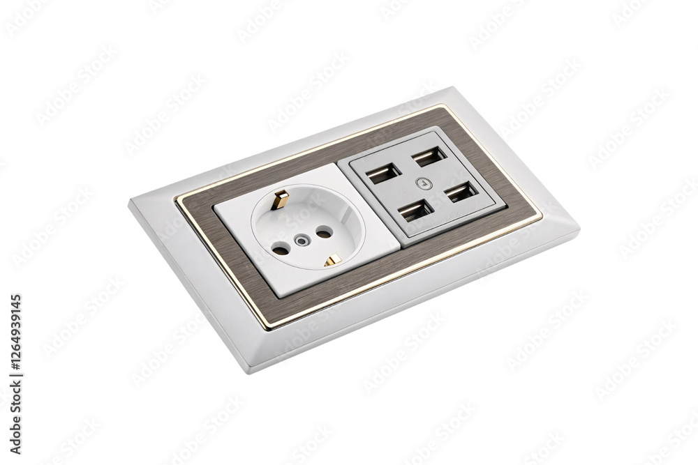A modern electrical outlet panel with a European-style socket, four USB ...