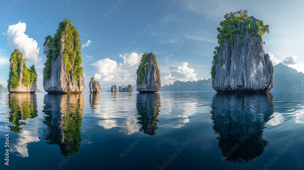 Magnificent limestone karst formations rising from the crystal-clear ...