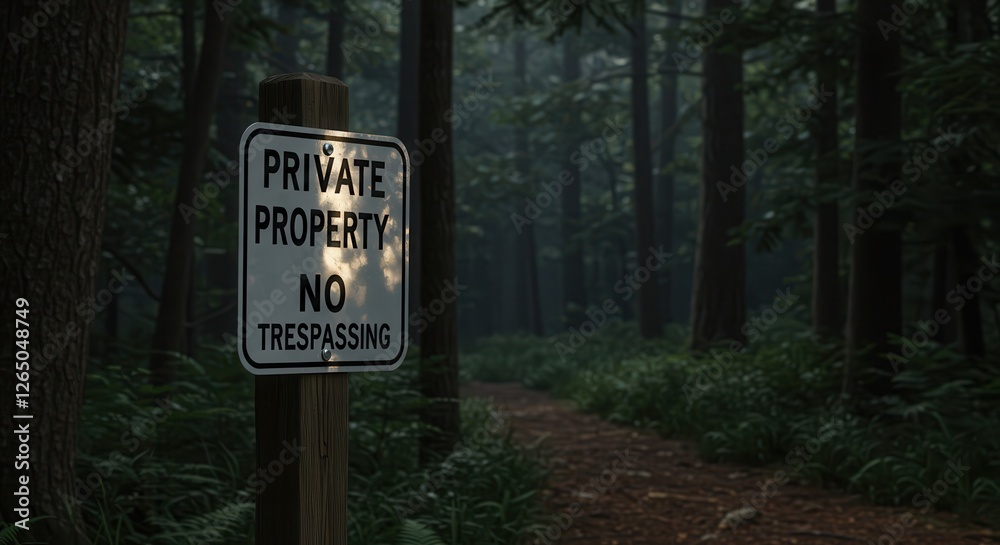 Private Property Sign Near Forest Path with Dense Tree Scenery Stock ...